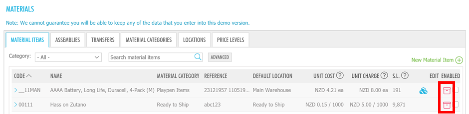 Disable, archive or delete materials